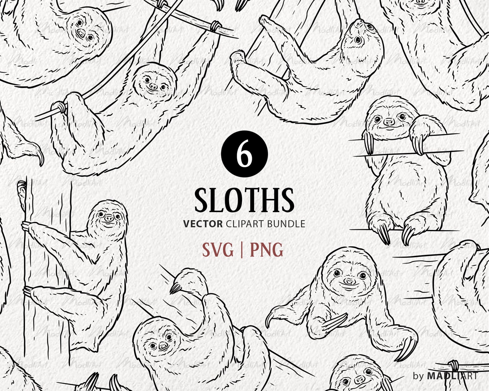 6 Sloth SVG Clipart Set. Cute Baby Sloth Clipart Illustrations. Lazy ...