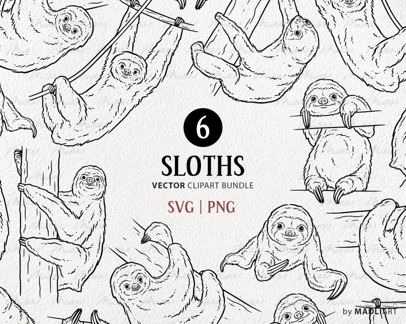 6 Sloth SVG Clipart Set. Cute Baby Sloth Clipart Illustrations. Lazy ...