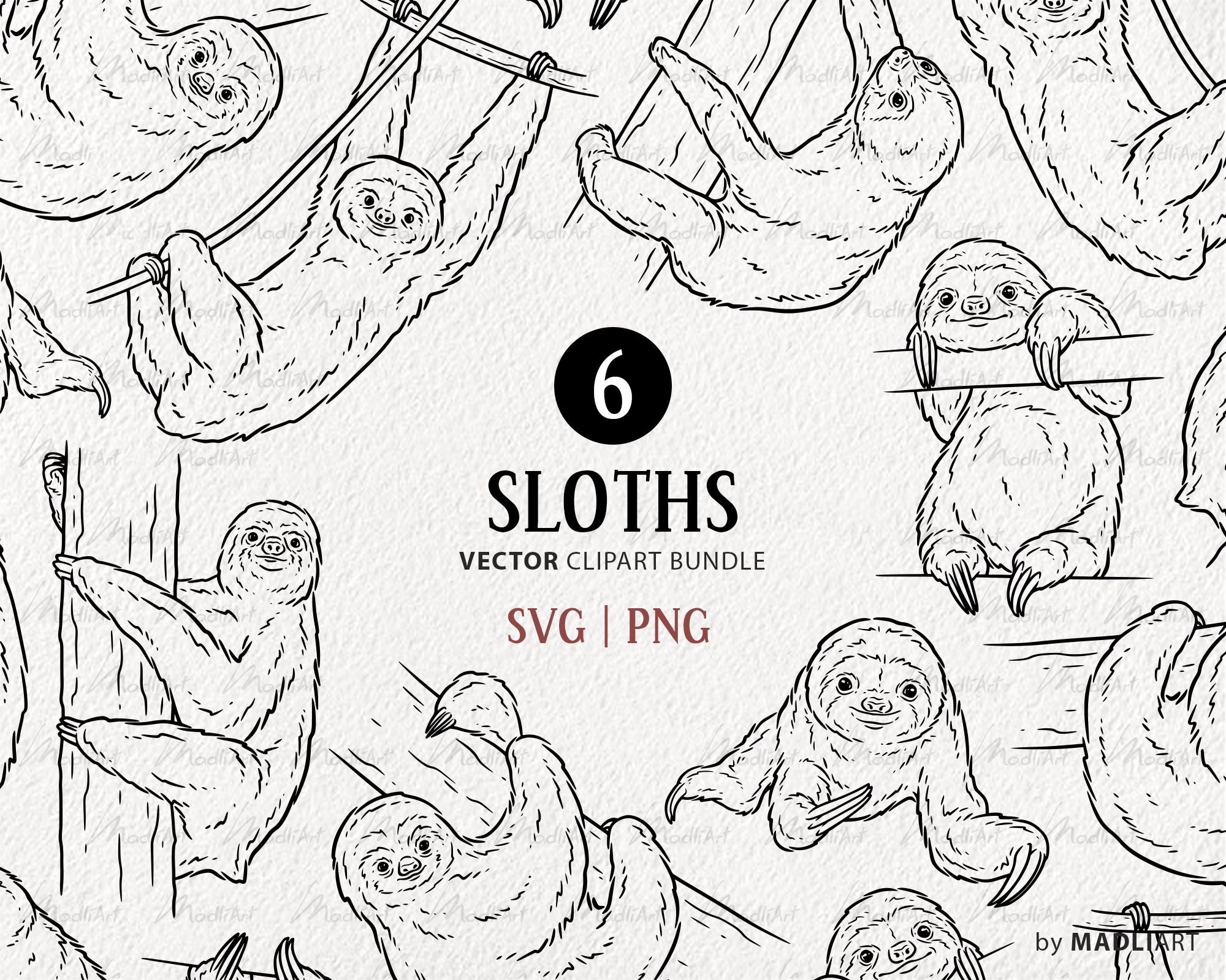 6 Sloth SVG Clipart Set. Cute Baby Sloth Clipart Illustrations. Lazy ...