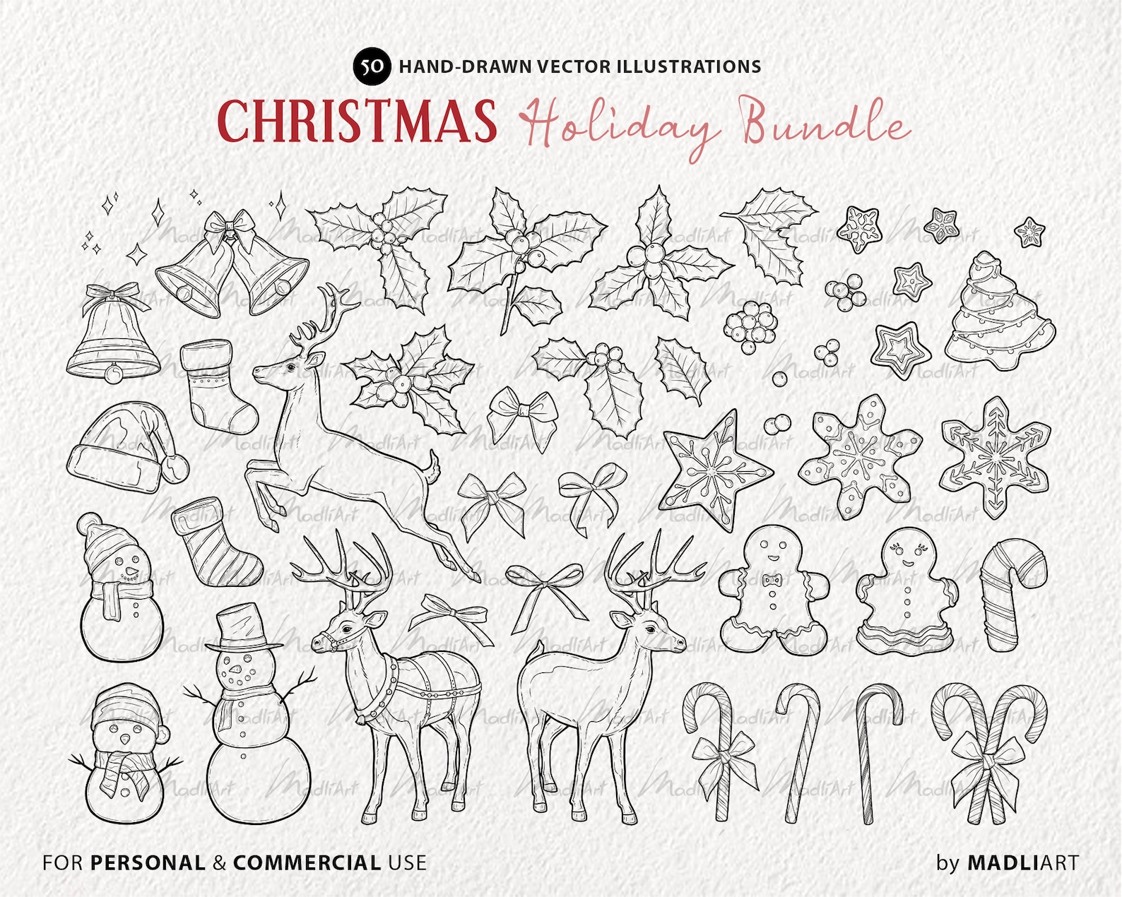 50 Christmas Holiday Clipart Bundle. Xmas Decor Vector Line Art ...