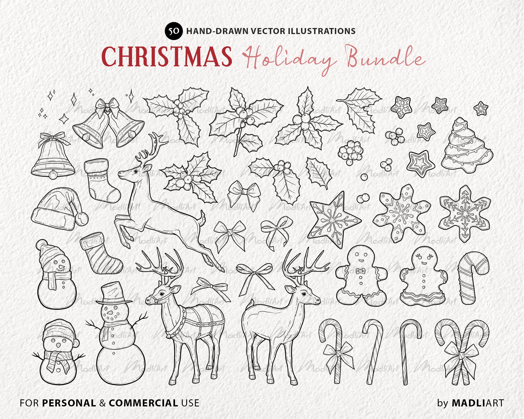 50 Christmas Holiday Clipart Bundle. Xmas Decor Vector Line Art ...