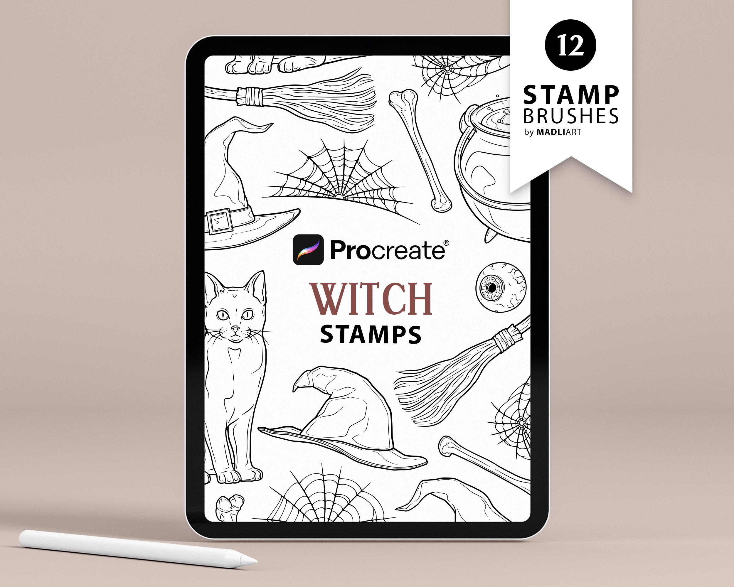 12 Procreate Witch Stamps. Spooky Tattoo Design. Halloween Witchy Art ...