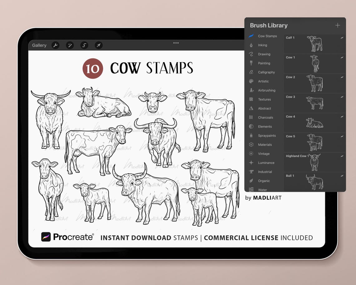 10 Cow Procreate Stamps. Cow Tattoo Design. Bull Stamps. Lamb Brush ...