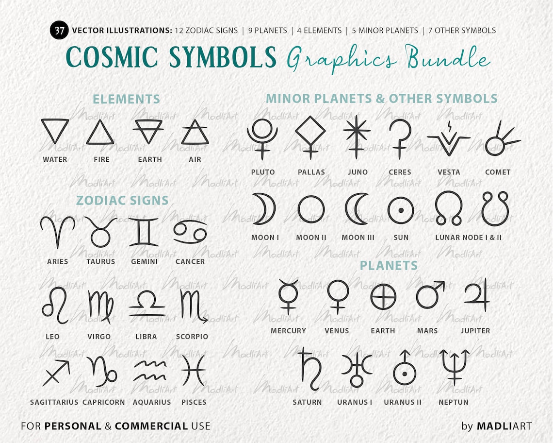 37 Kosmische Symbole Clipart. Sternzeichen Vektorgrafiken. Planeten ...
