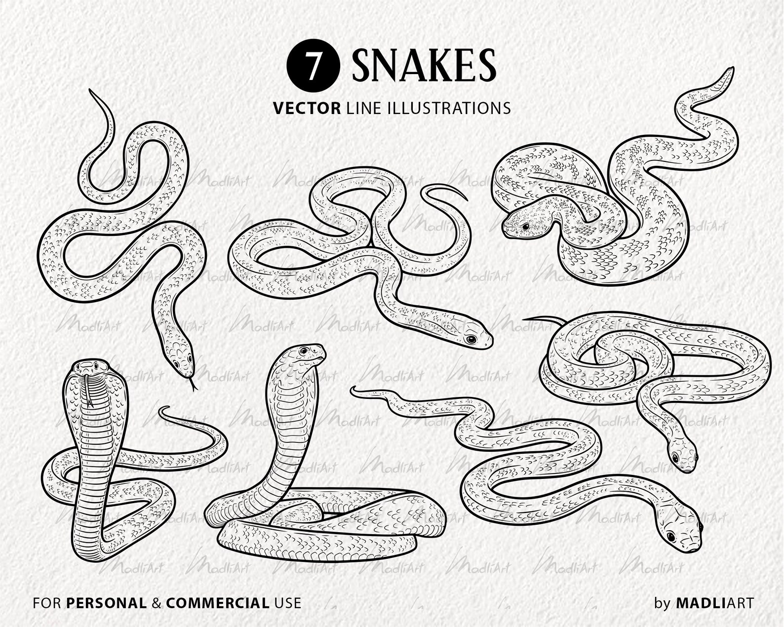 7 Snakes SVG Clipart Bundle. Cobra Vector Drawings. Rattlesnake Tattoo ...