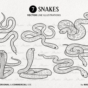 7 Snakes SVG Clipart Bundle. Cobra Vector Drawings. Rattlesnake Tattoo ...