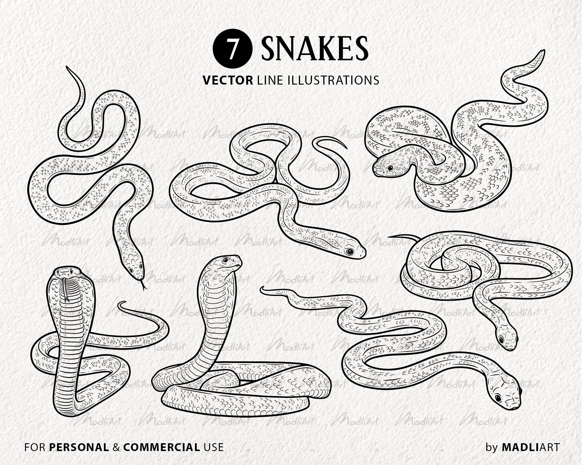 7 Snakes SVG Clipart Bundle. Cobra Vector Drawings. - Etsy