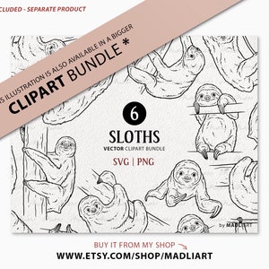 Sloth SVG Clipart Bundle. Cute Baby Sloth Line Illustrations. Lazy ...