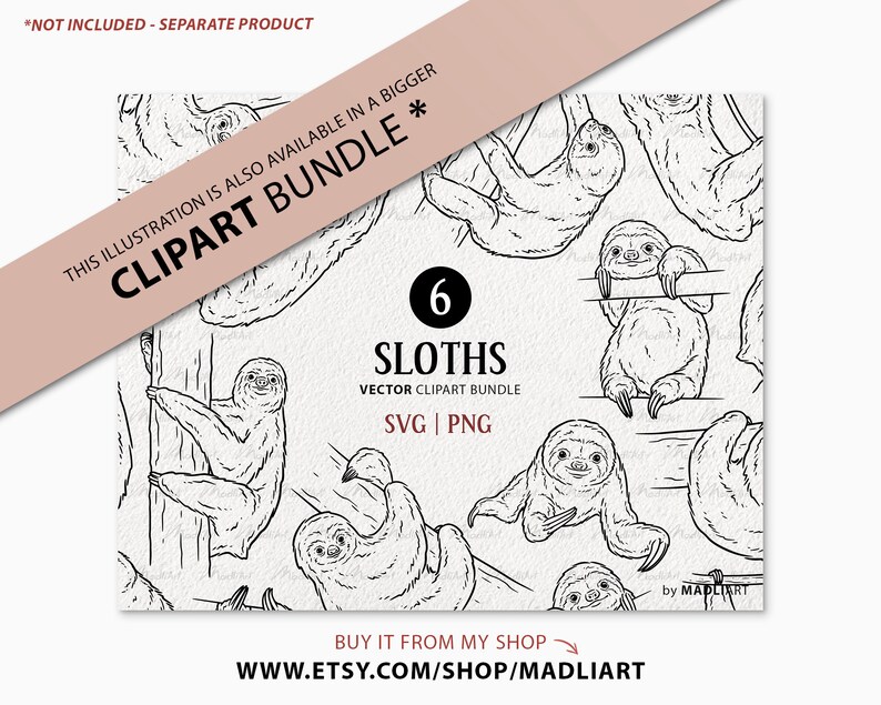 Sloth SVG Clipart Bundle. Cute Baby Sloth Line Illustrations. Lazy ...