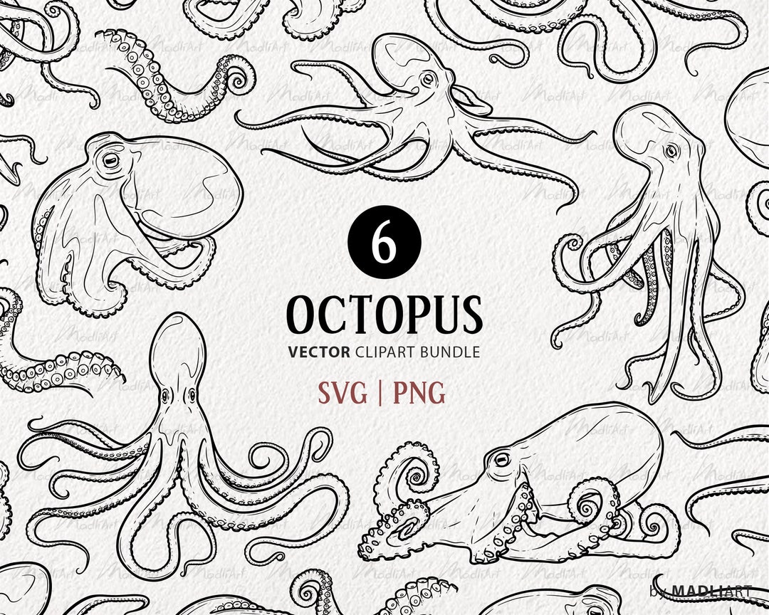 Octopus Clipart Bundle. Marine Animals Vector Line Art. 6 Octopuses ...