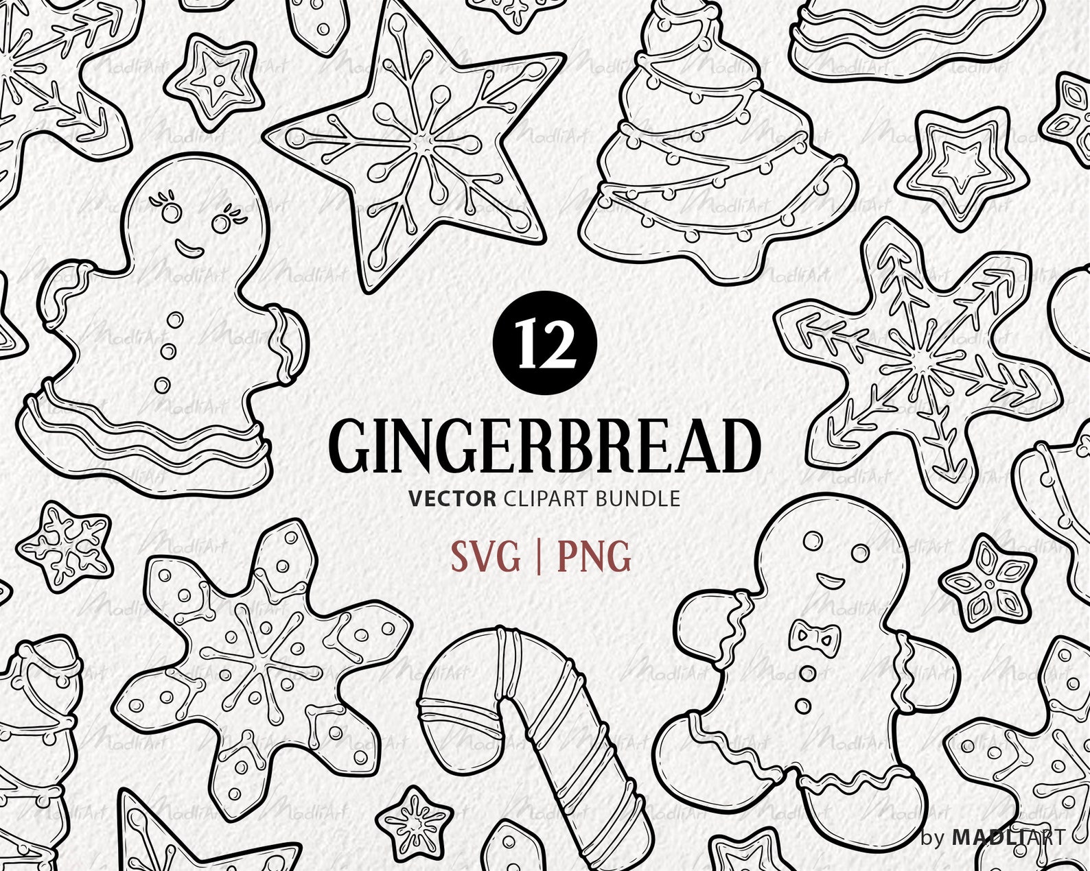 Christmas Gingerbread SVG Clipart Bundle. 12 Winter Line Art Cookies ...