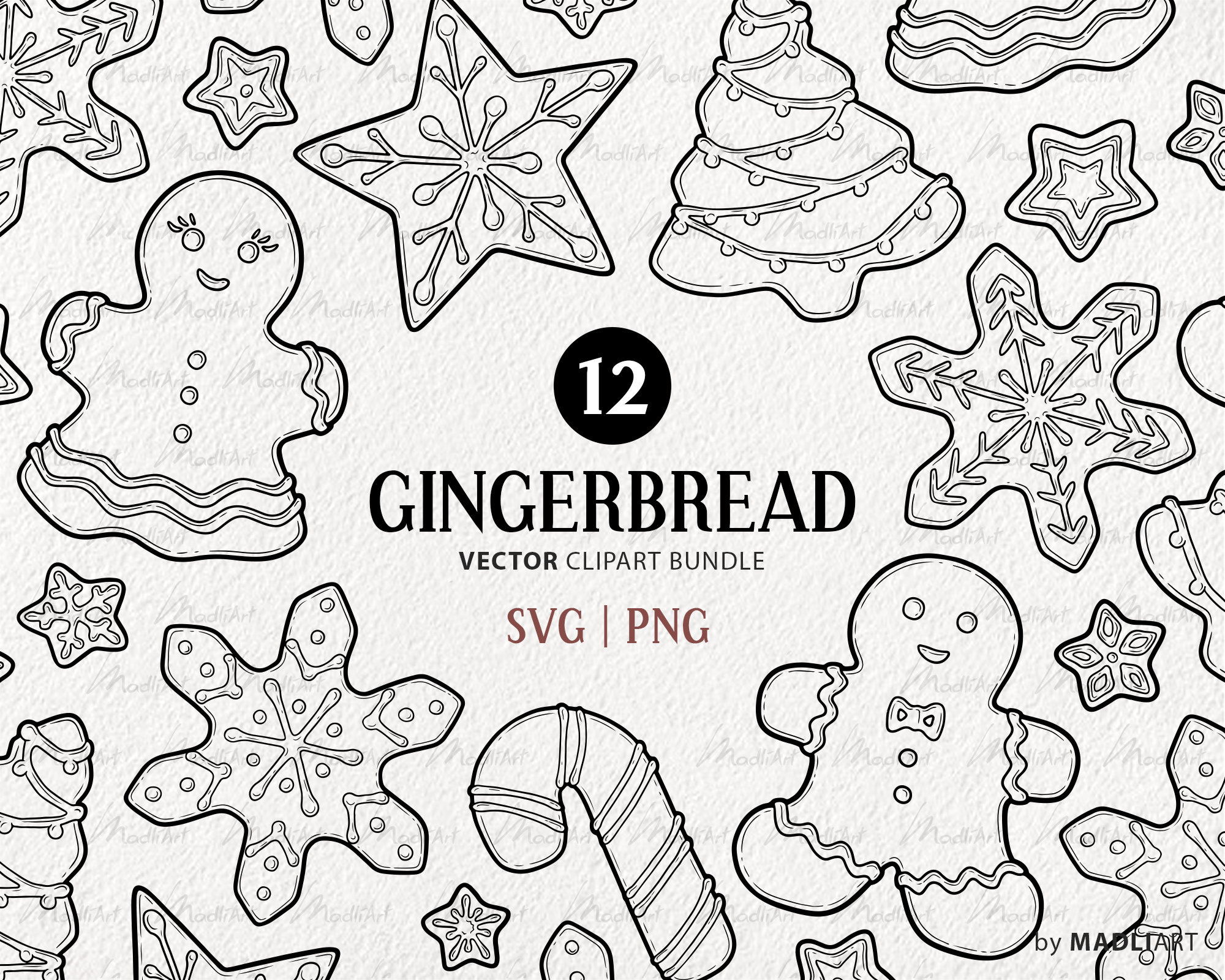 Christmas Gingerbread SVG Clipart Bundle. 12 Winter Line Art Cookies ...