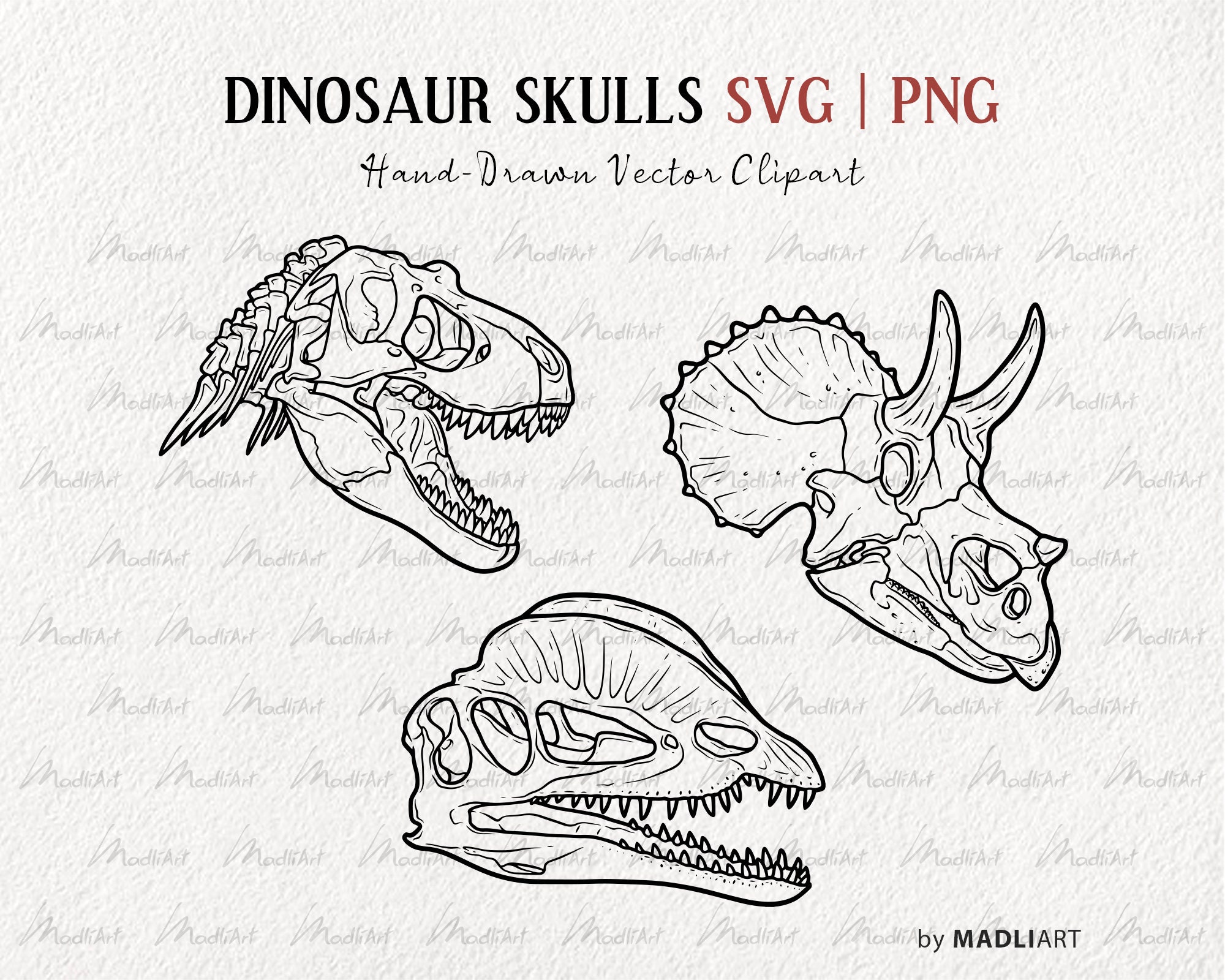 3 Dinosaur Skull SVG Clipart Set. Dilophosaurus, T-rex, Triceratops ...