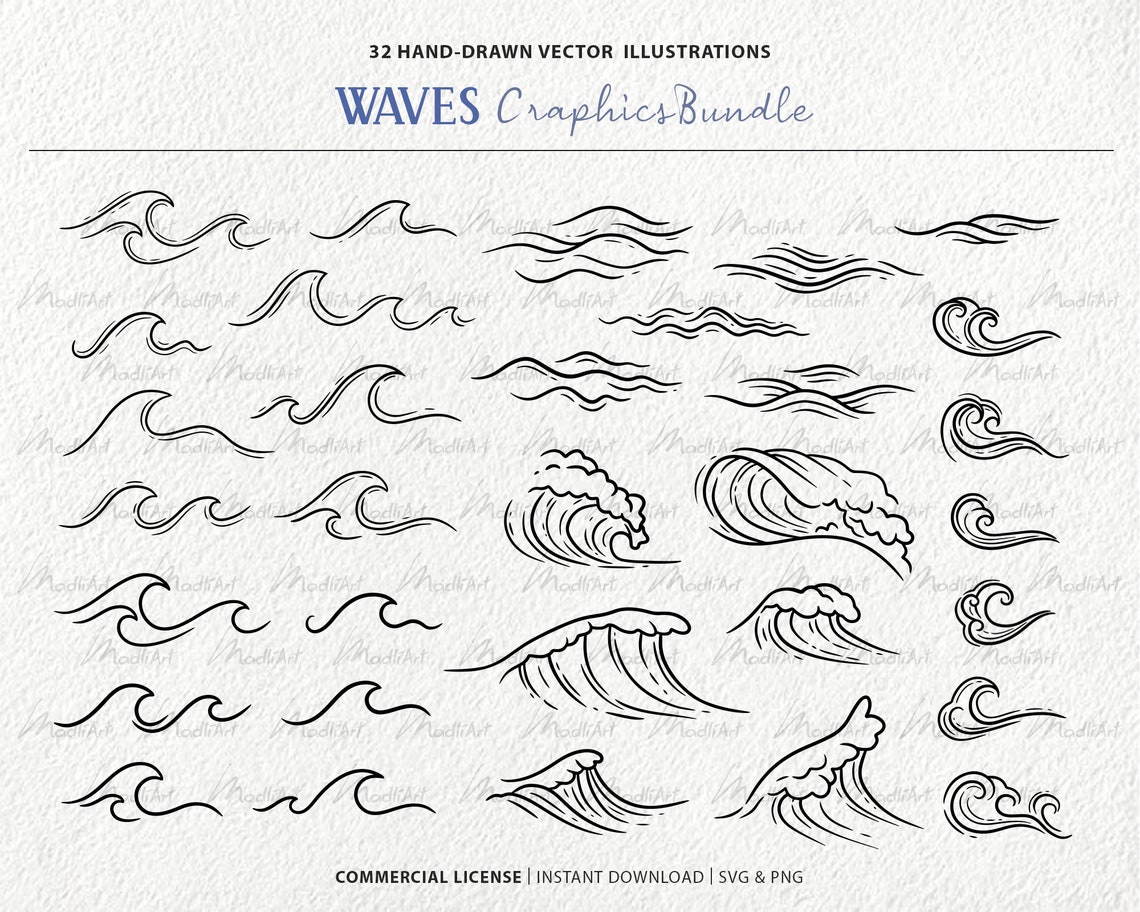 32 Waves Vector Clipart. Hand Drawn Wave Line Graphics. Beach - Etsy