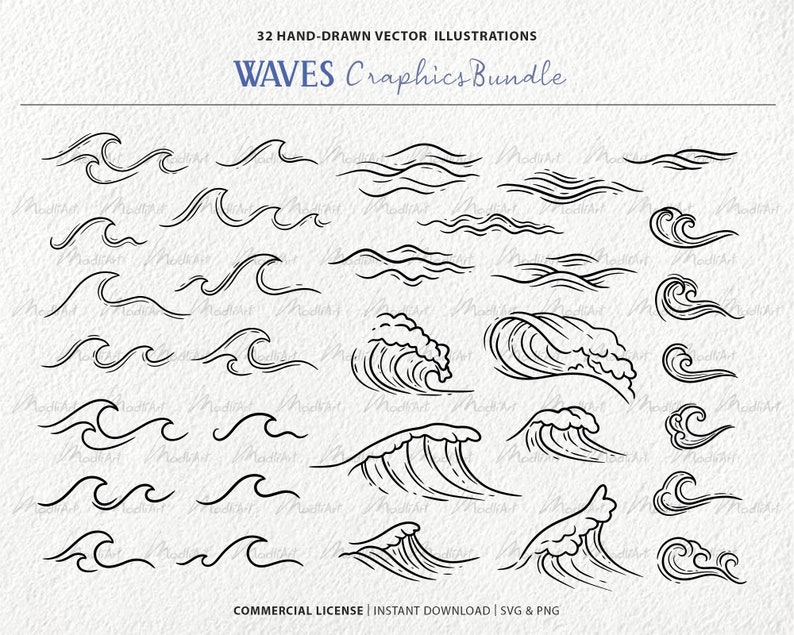 32 Waves Vector Clipart. Hand Drawn Wave Line Graphics. Beach - Etsy