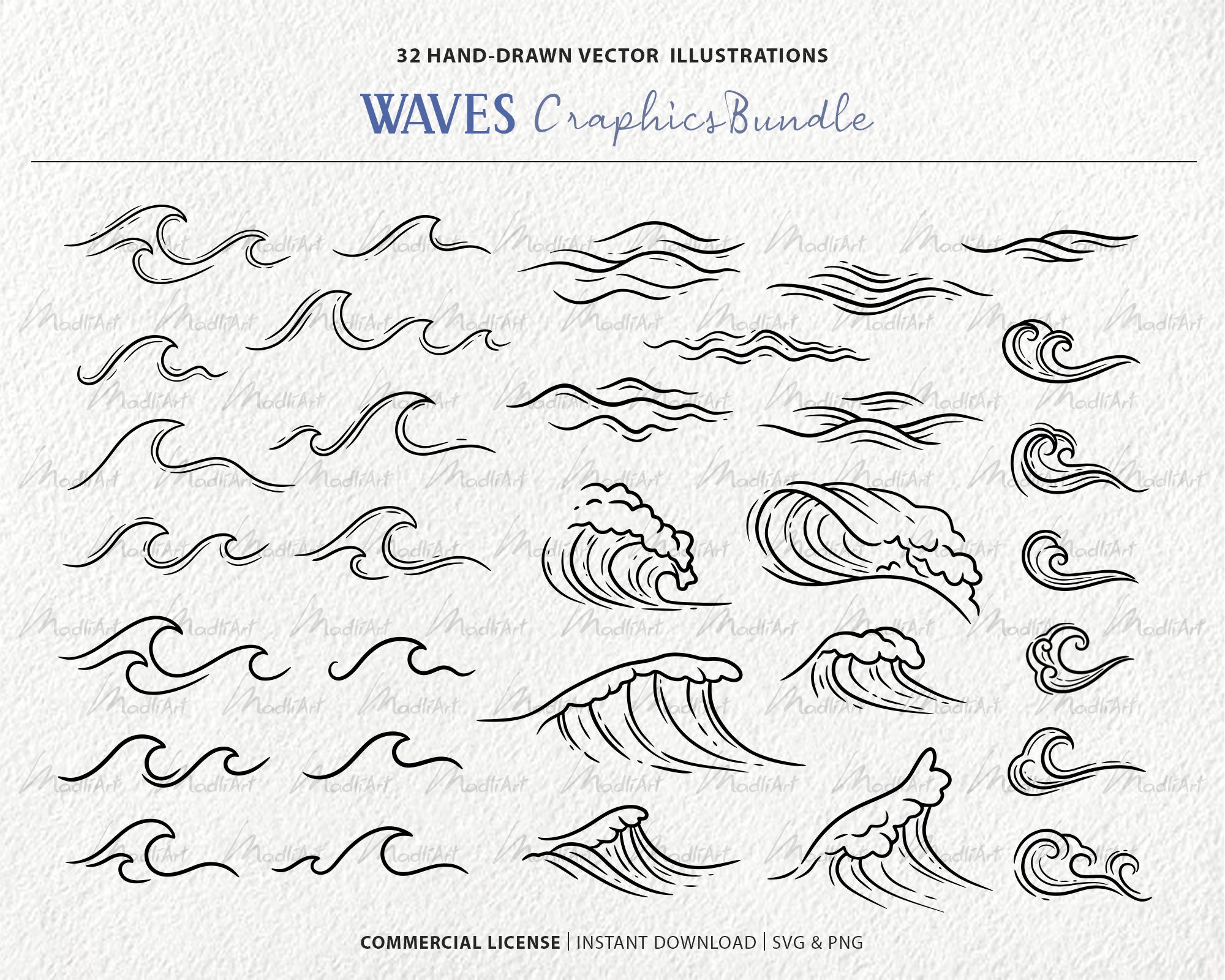 32 Waves Vector Clipart. Hand Drawn Wave Line Graphics. Beach - Etsy