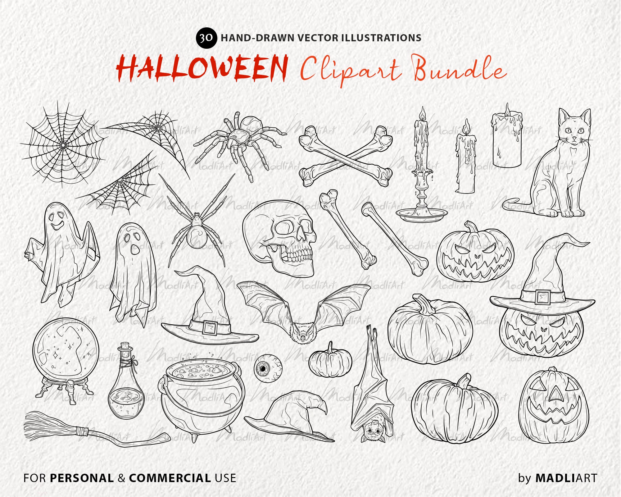 30 Halloween SVG Bundle. Spooky Vector Clipart. Witchy Line Drawings ...