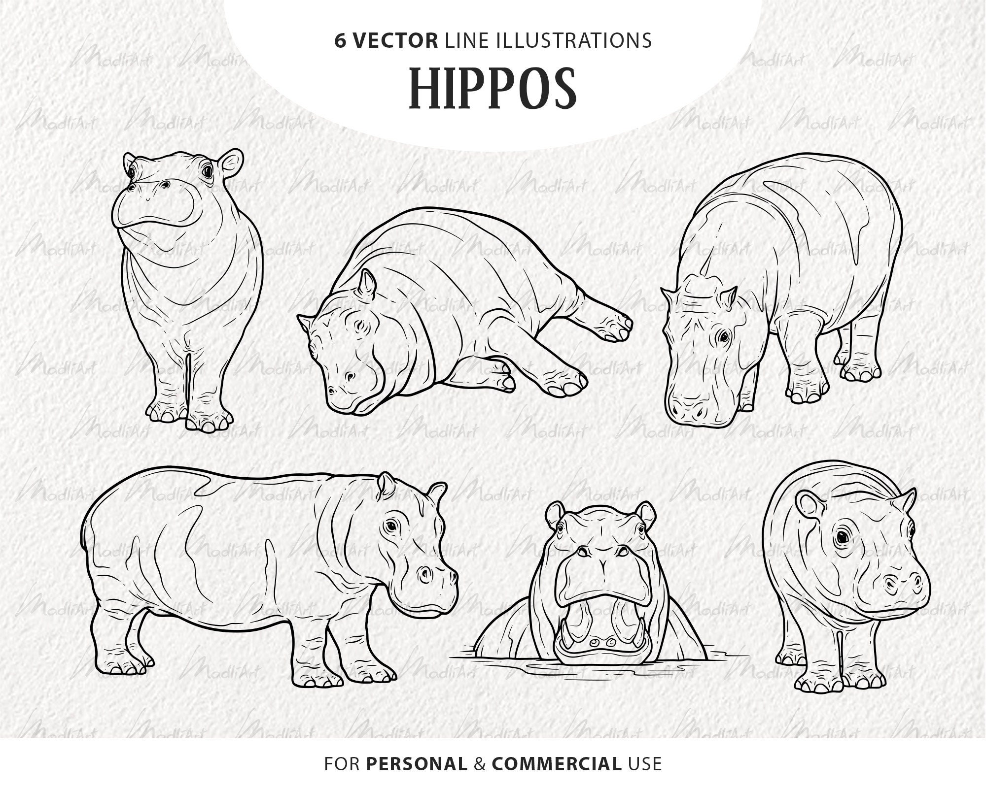 6 Hippos SVG Clipart Bundle. Hippopotamus Vector Drawings. - Etsy Canada