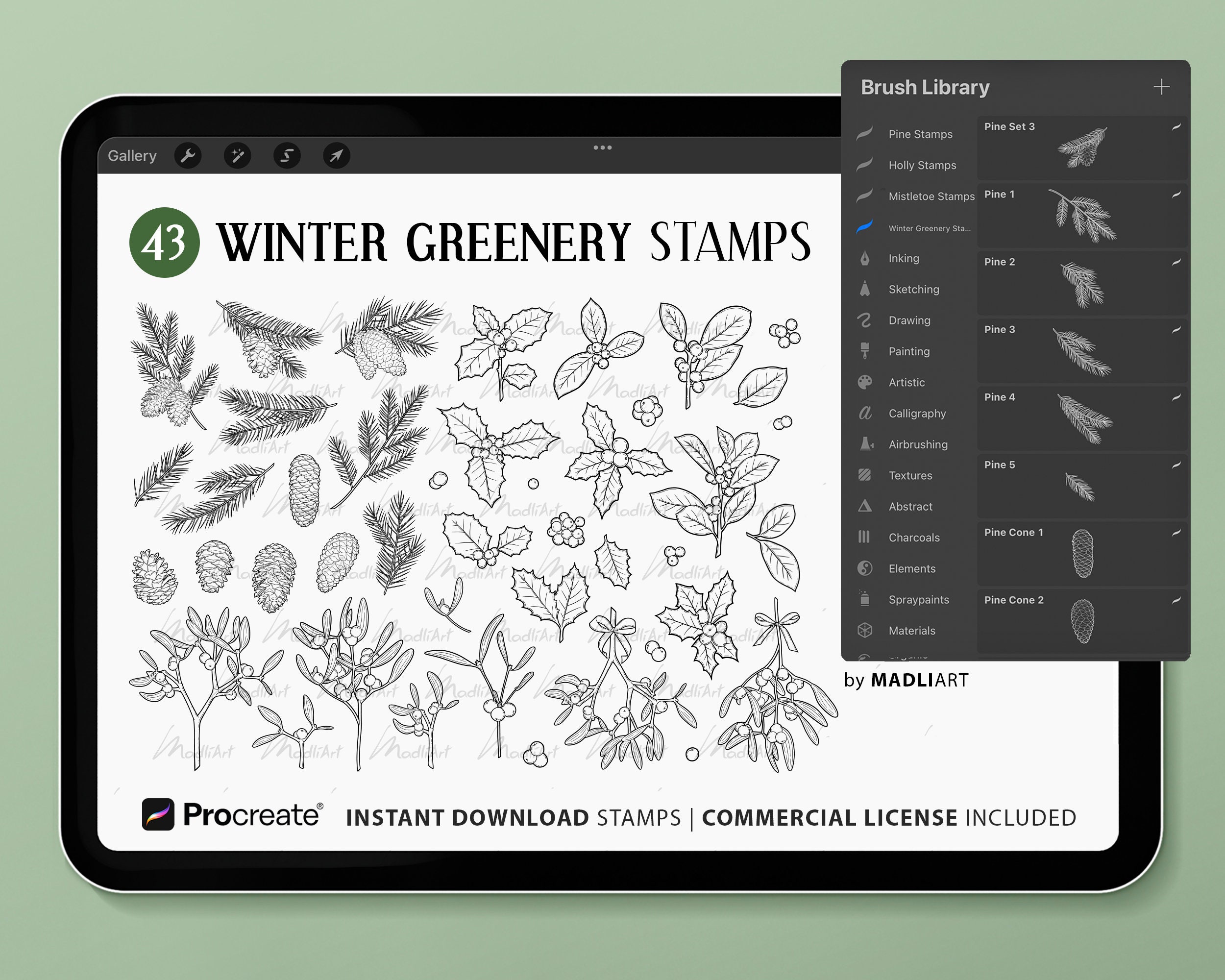 43 Winter Greenery Procreate Stamps. Winter Leaves Tattoo Design. Xmas ...