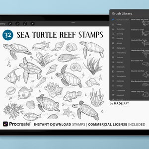 32 Procreate Sea Life Stamps. Sea Turtle Tattoo Design. Coral Reef Fish ...