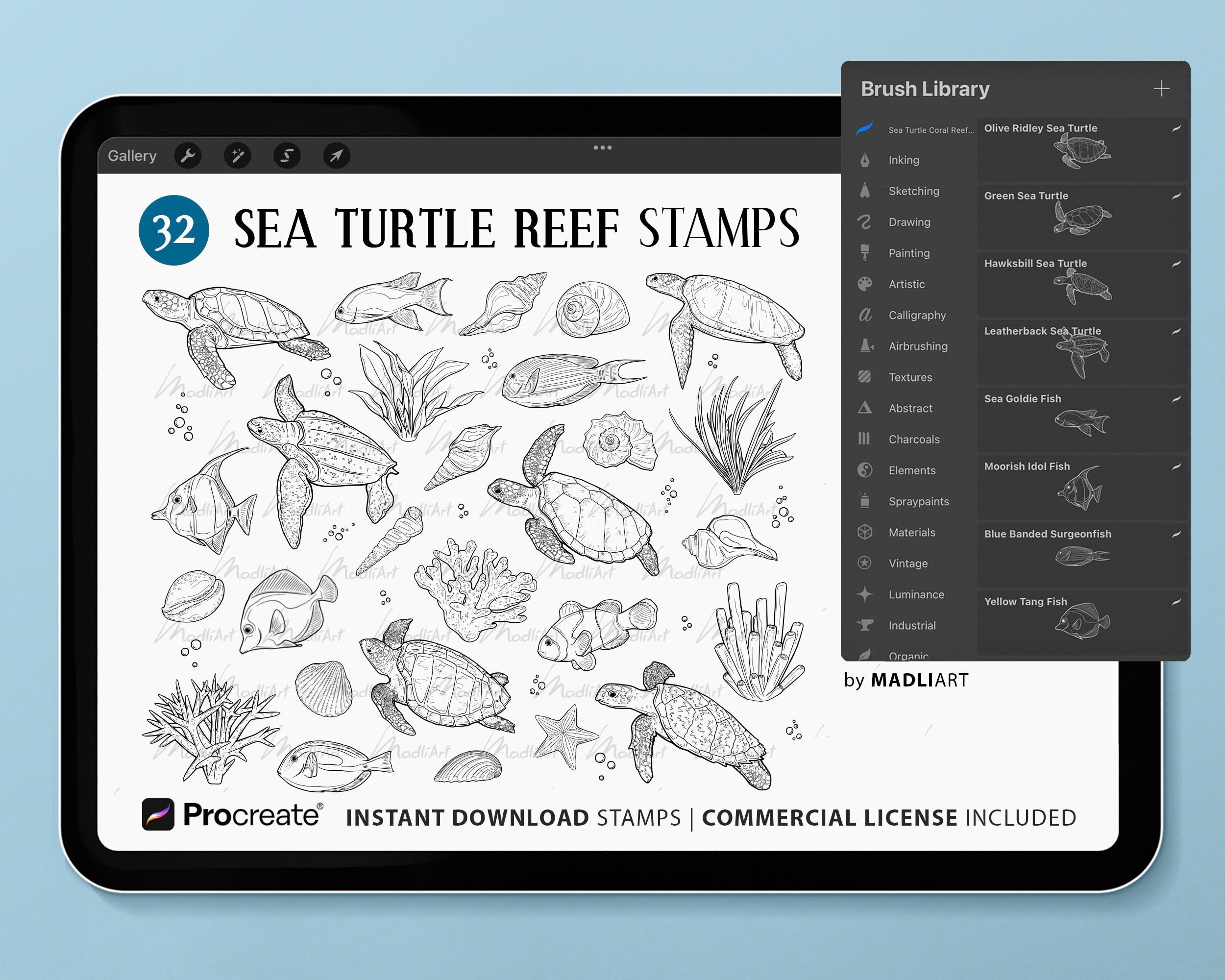 32 Procreate Sea Life Stamps. Sea Turtle Tattoo Design. Coral Reef Fish ...
