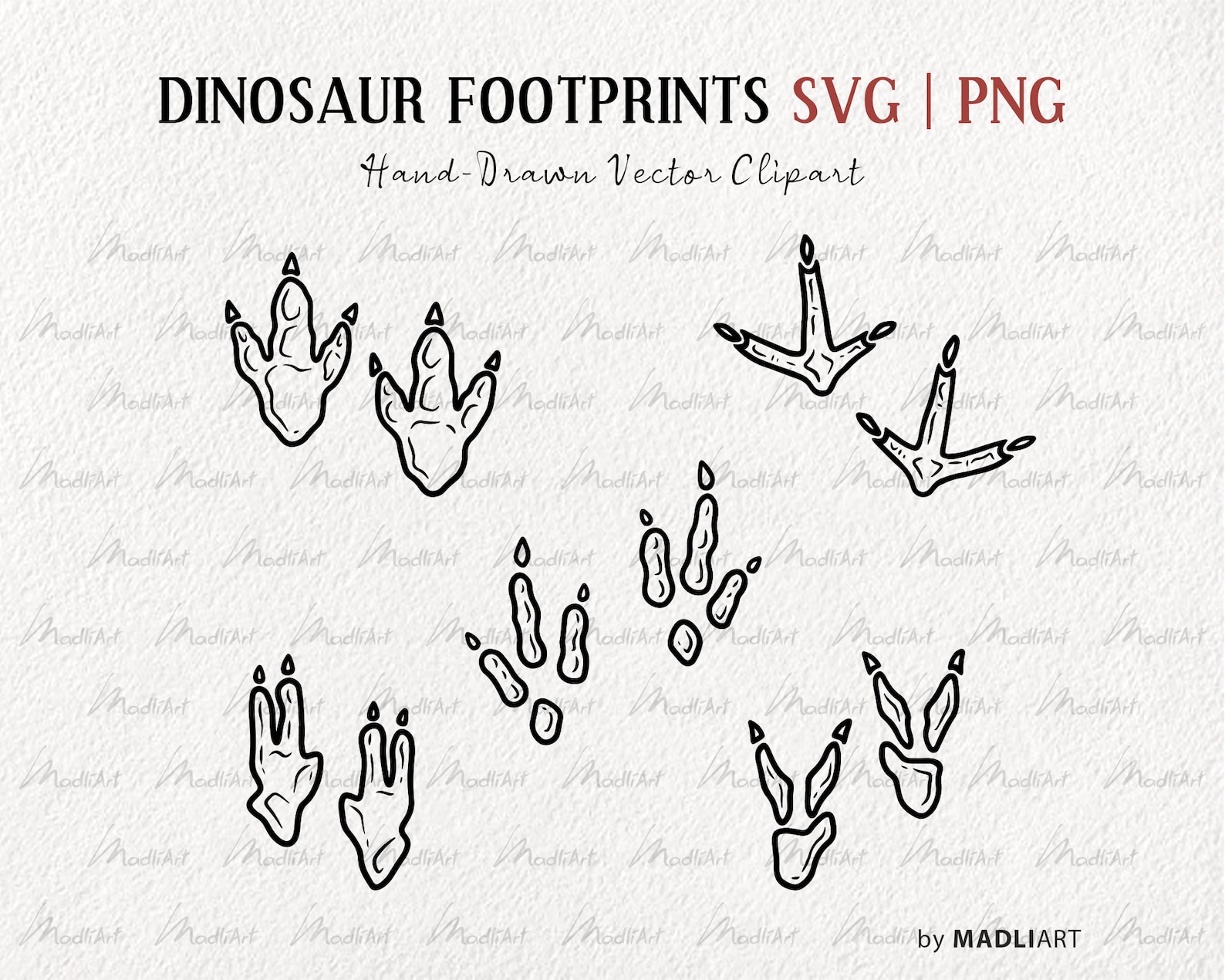 5 Dinosaur Footprints SVG Clipart Bundle. T-rex, Triceratops ...