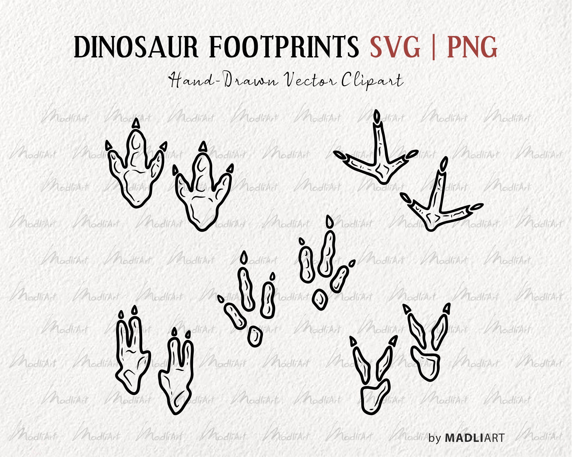 5 Dinosaur Footprints SVG Clipart Bundle. T-rex, Triceratops ...