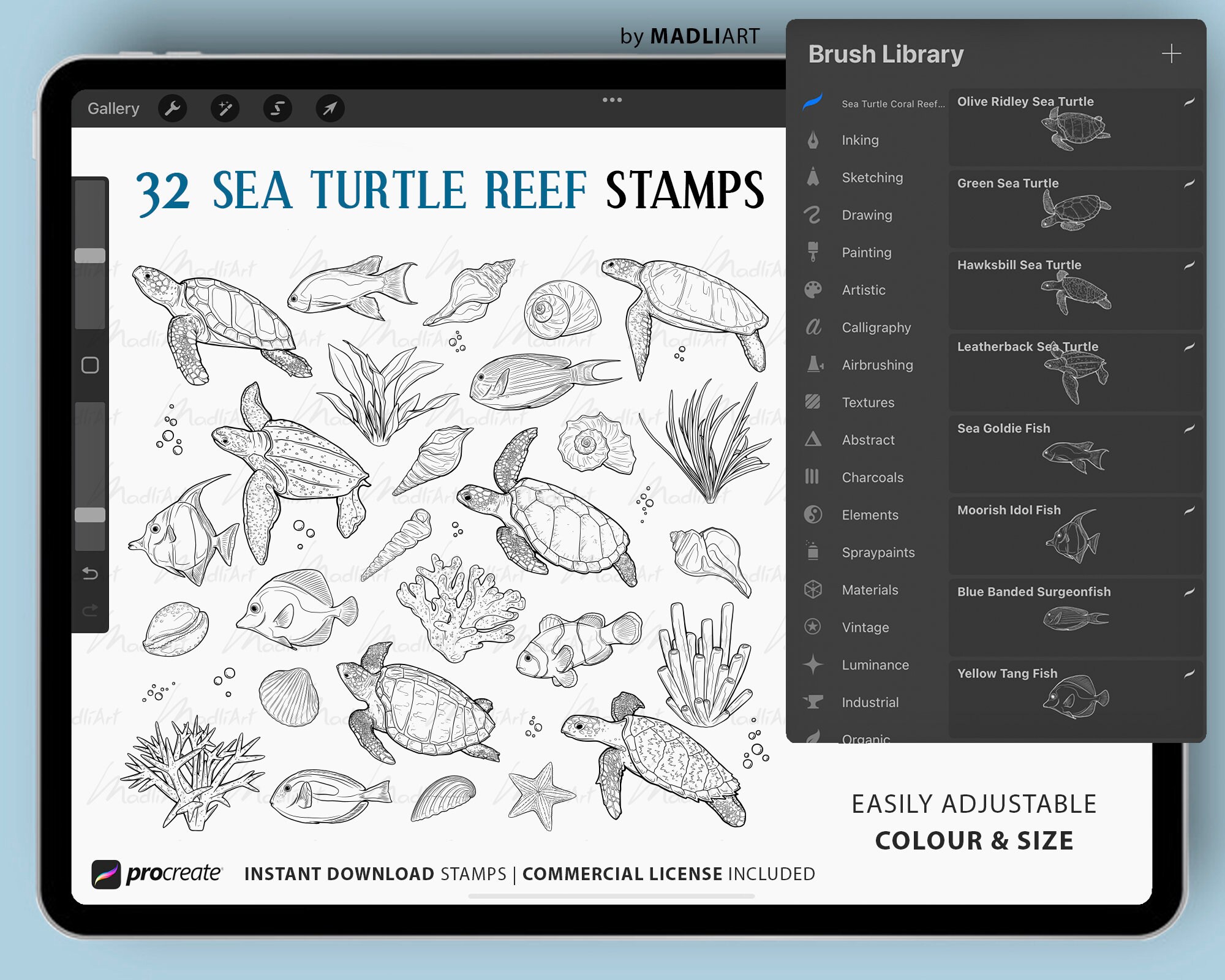 32 Procreate Sea Life Stamps. Sea Turtle Tattoo Design. Coral - Etsy
