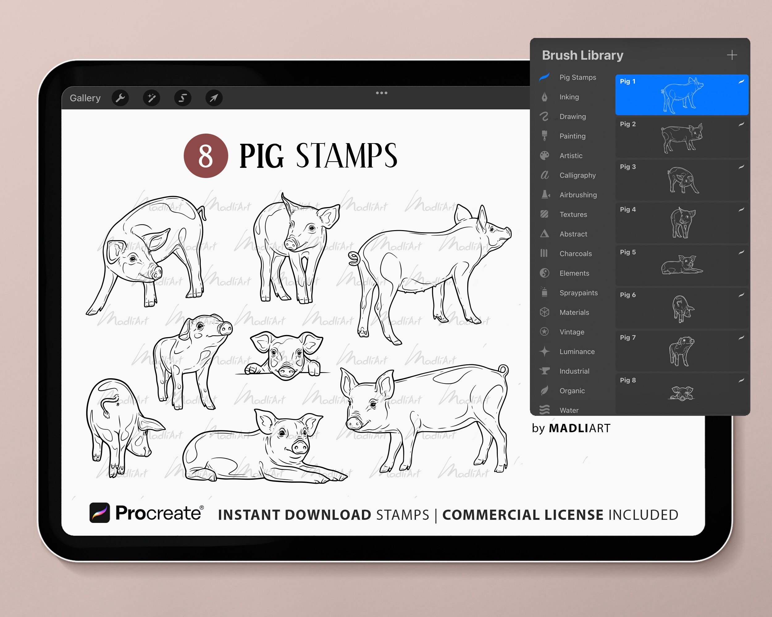 8 Pig Procreate Stamps. Pig Tattoo Design. Farm Animal Art - Etsy