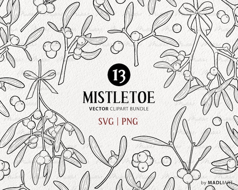 Christmas Mistletoe Vector Clipart Bundle. Mistletoe SVG Leaves. Xmas Line Illustrations. Winter ...