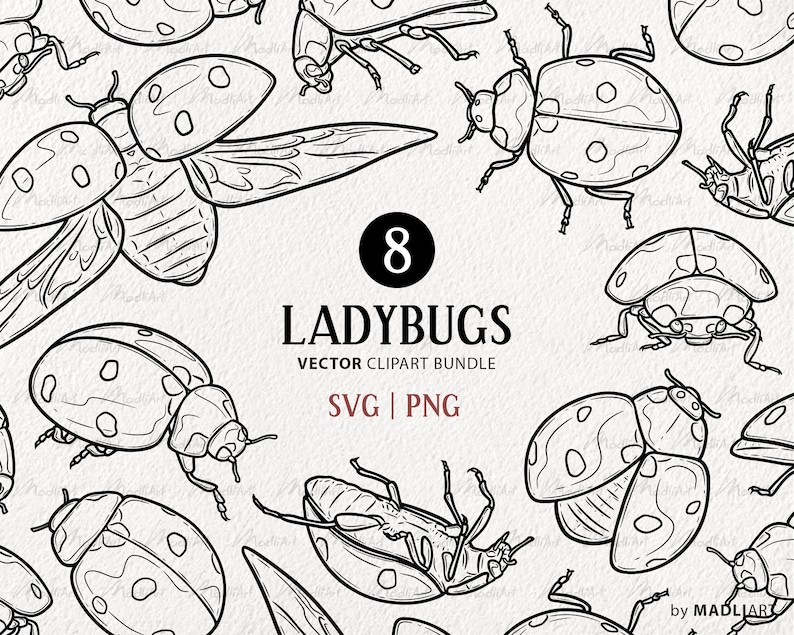 8 Ladybug Vector Clipart Bundle. Lady Bug Outline Stamps. Cute Love ...