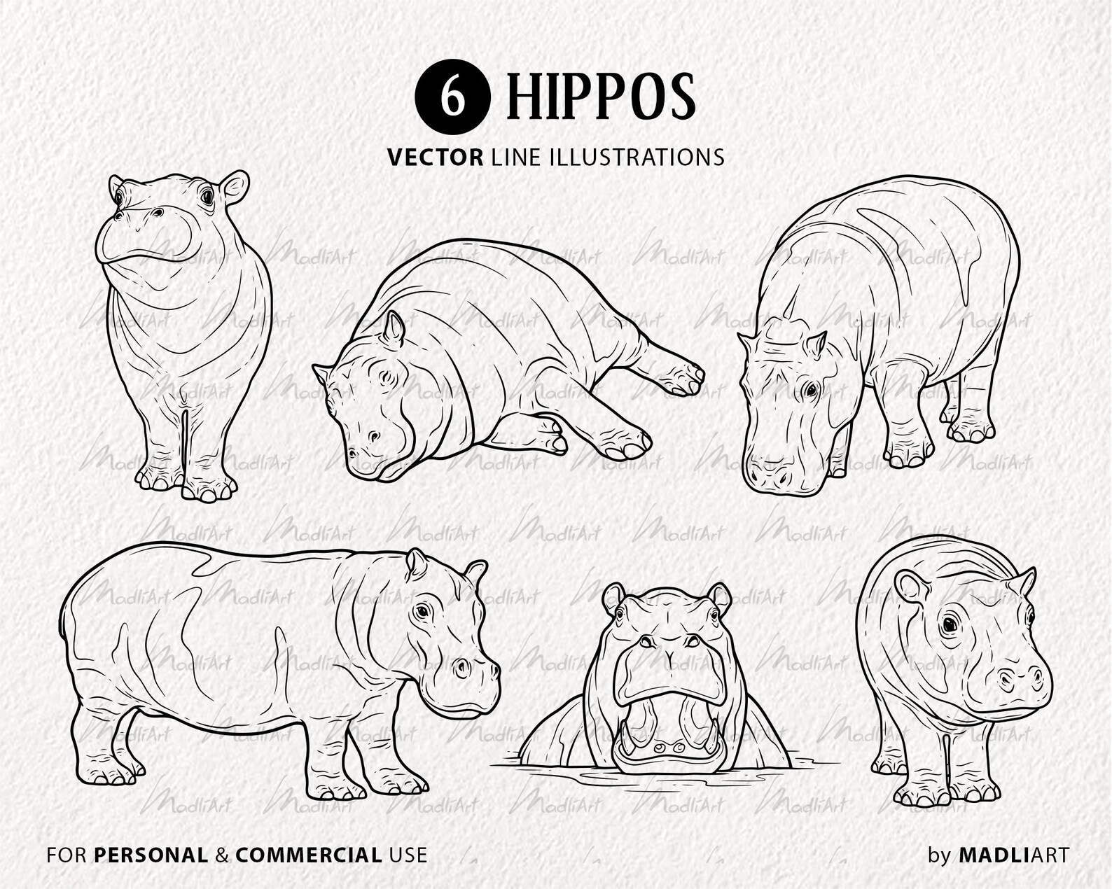 6 Hippos SVG Clipart Bundle. Hippopotamus Vector Drawings. Baby Hippo ...