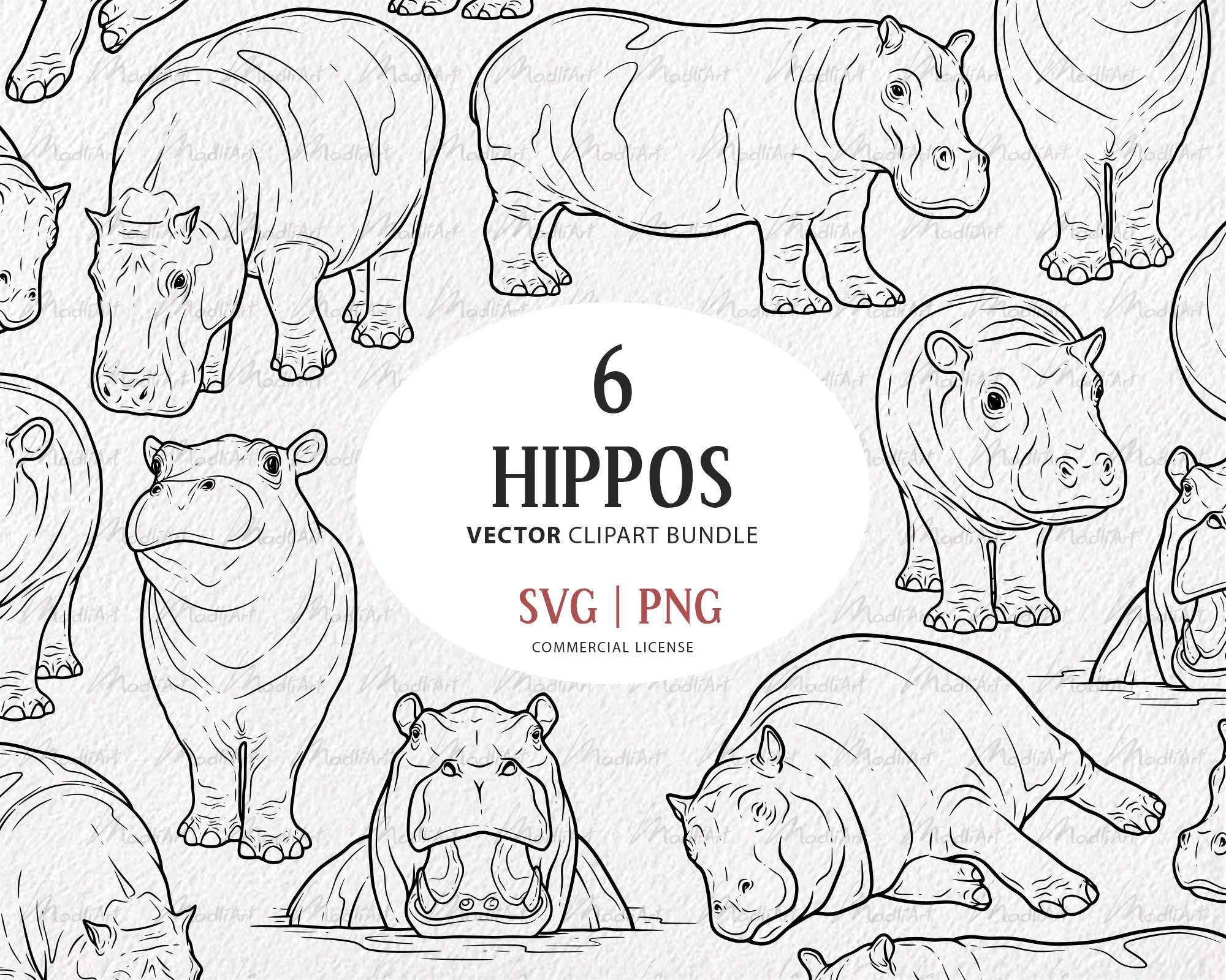 6 Hippos SVG Clipart Bundle. Hippopotamus Vector Drawings. - Etsy