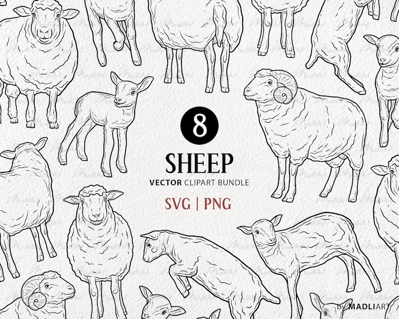 Sheep SVG Clipart Bundle. Lamb Vector Line Art. Farm Animal Drawing ...