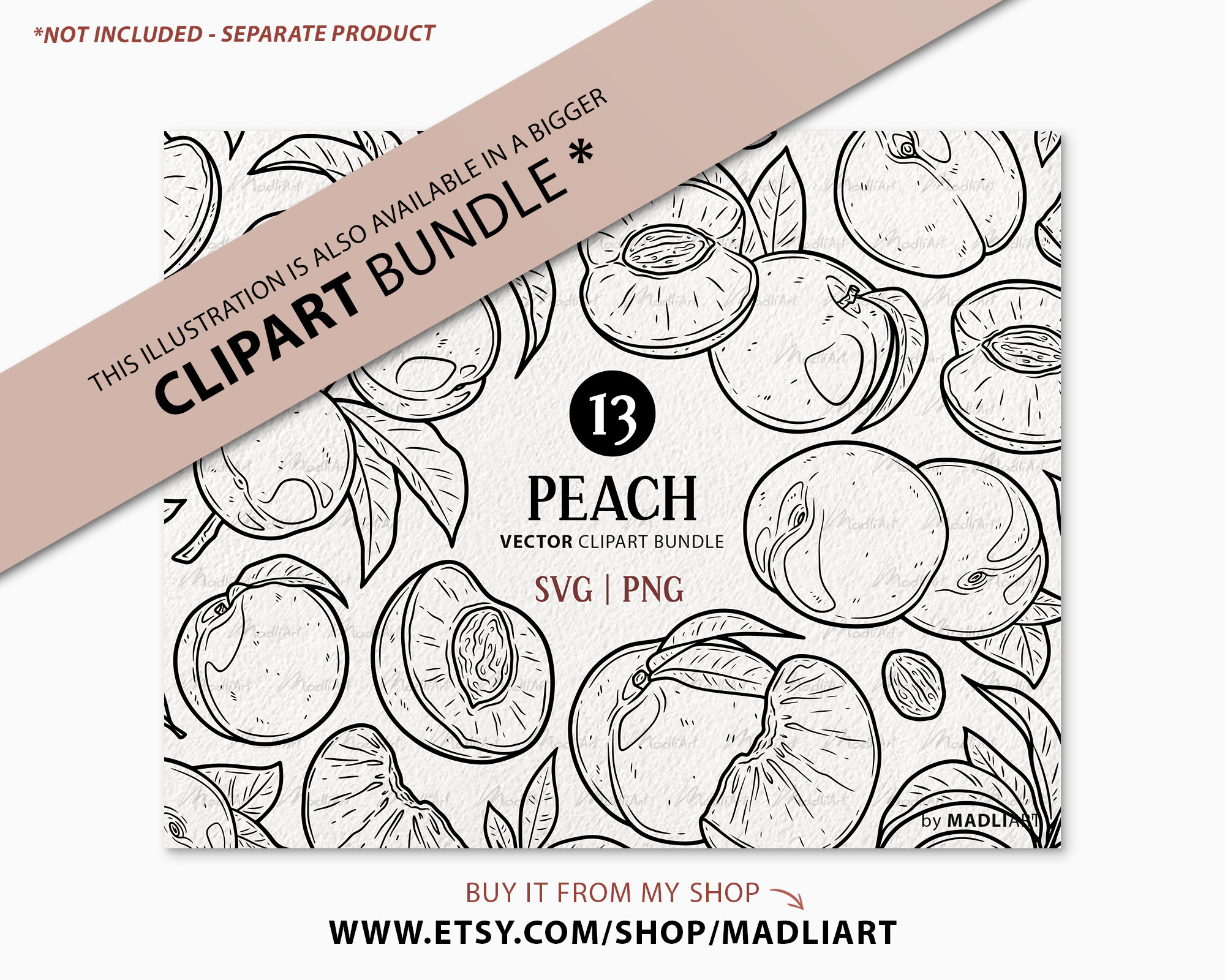 Peach SVG Clipart. Vector Peach Drawing. Peach Fruit, Leaves Line ...