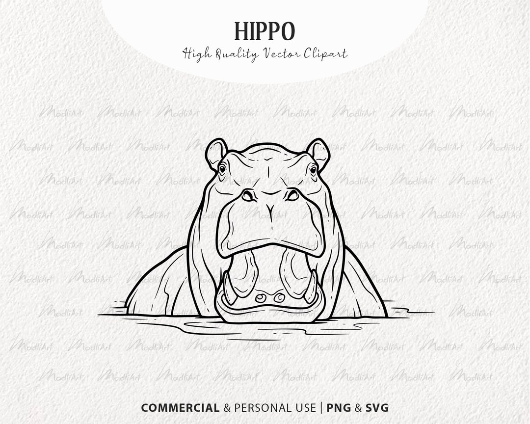 Swimming Hippo SVG Clipart. Hippopotamus Vector Drawing. Hippo Line Art ...