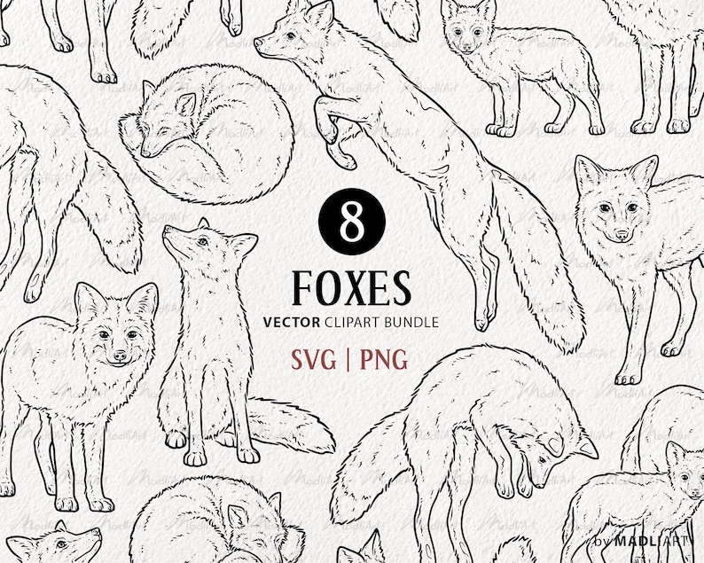 8 Fox SVG Clipart Bundle. Sleeping Fox Png. Jumping Fox Vector Line Art ...