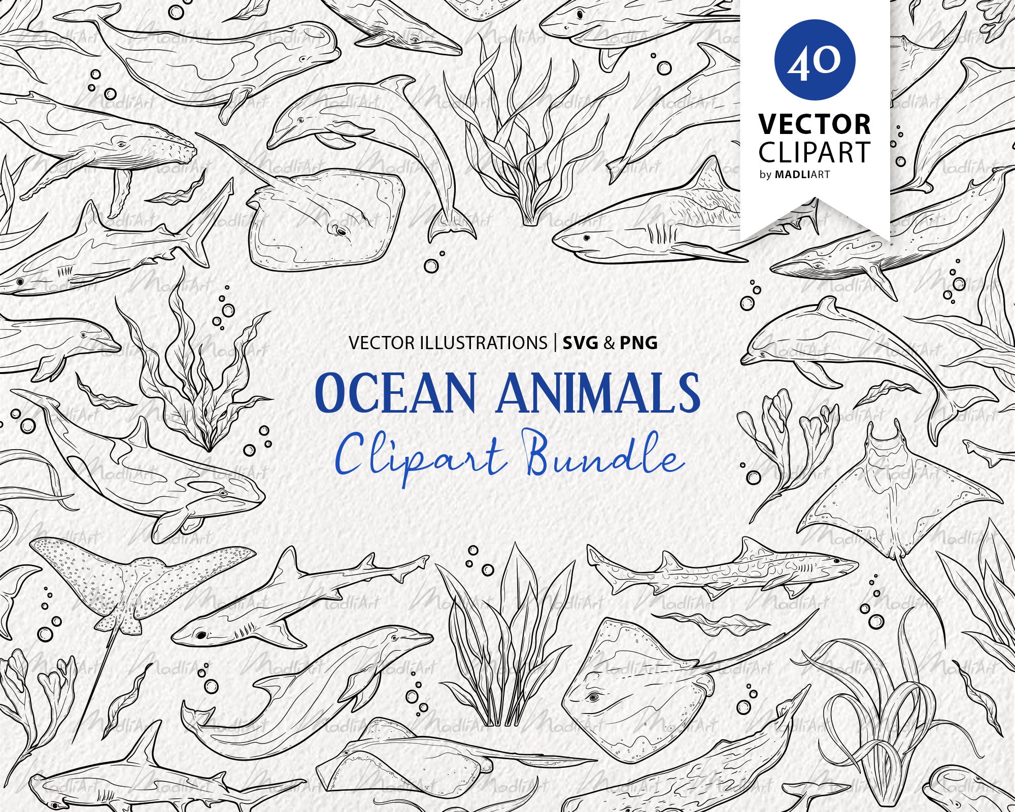 40 Ocean Animals Clipart Bundle. Sea Animals Vector Line Art ...