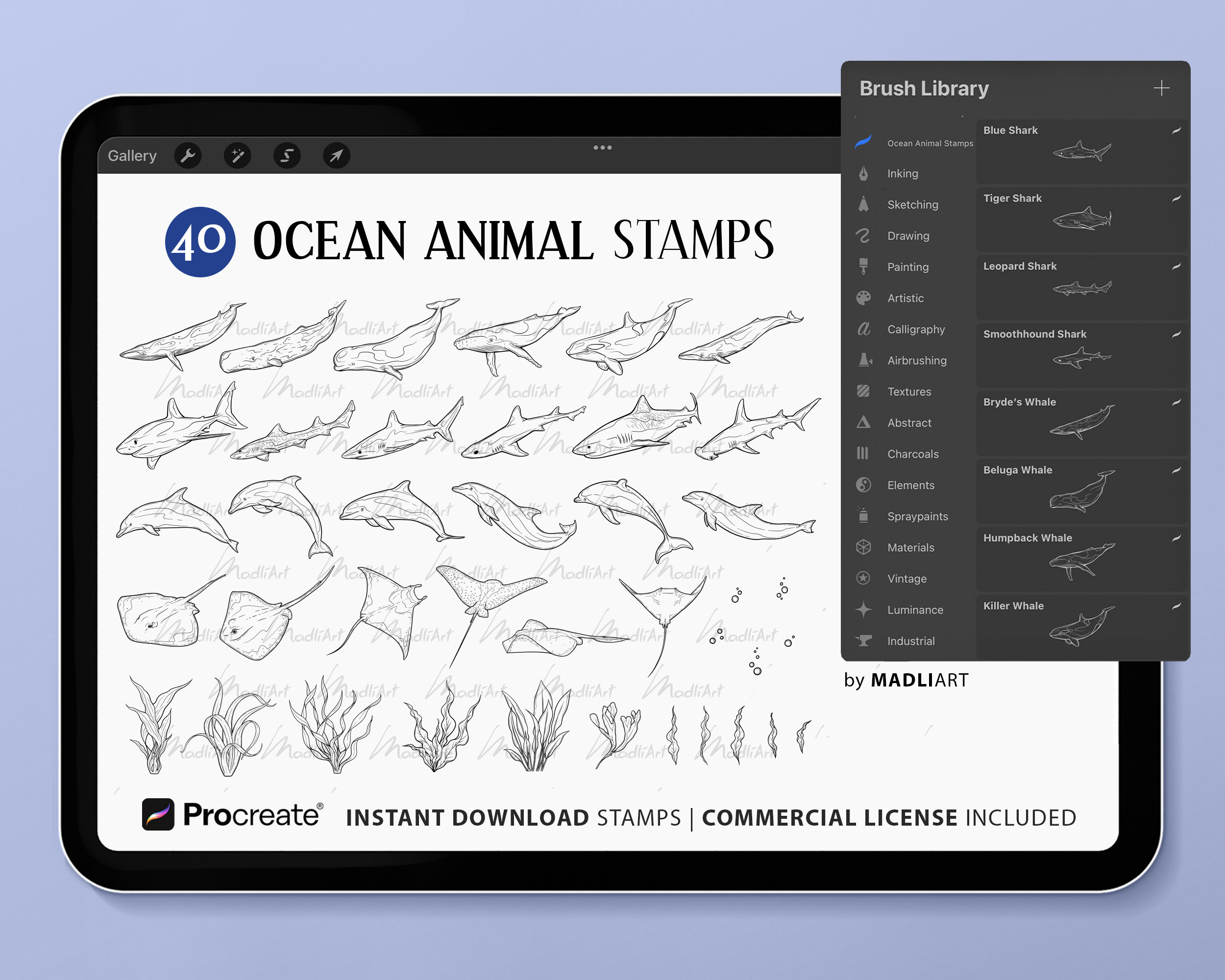 40 Procreate Ocean Animal Stamps. Sea Life Tattoo Design. Whale, Shark ...