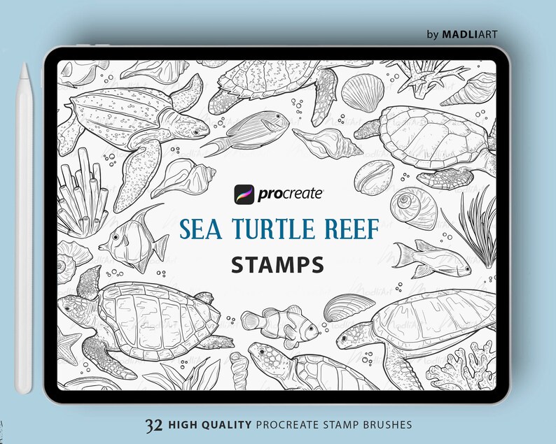 32 Procreate Sea Life Stamps. Sea Turtle Tattoo Design. Coral - Etsy