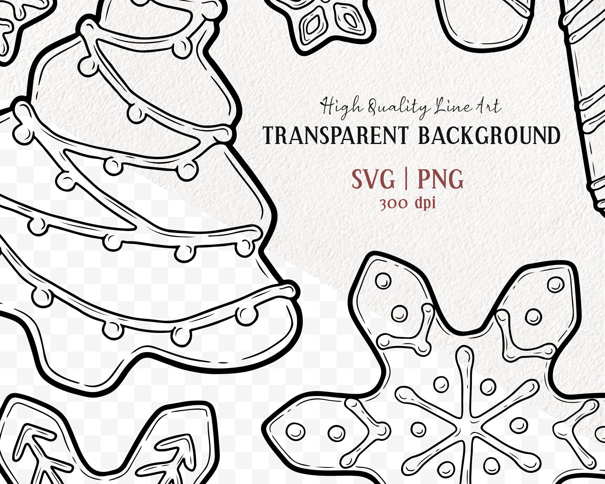 Christmas Gingerbread SVG Clipart Bundle. 12 Winter Line Art Cookies ...