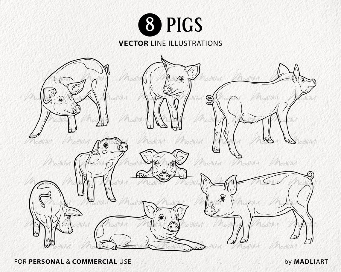 Pig SVG Bundle. Farm Animal SVG Line Art. Cute Piglet Clipart. - Etsy