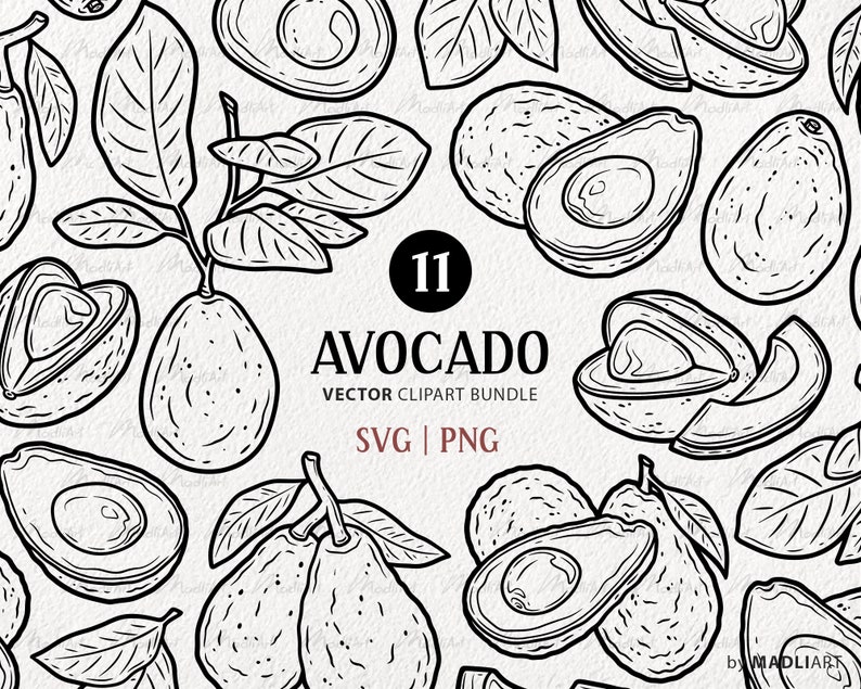 Paquete de imágenes prediseñadas SVG de aguacate. 11 dibujos ...