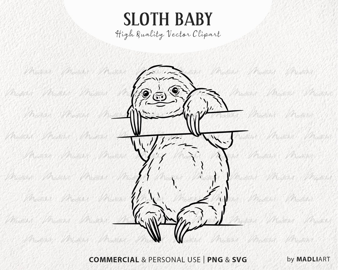 Sloth SVG Clipart Bundle. Cute Baby Sloth Line Illustrations. Lazy ...