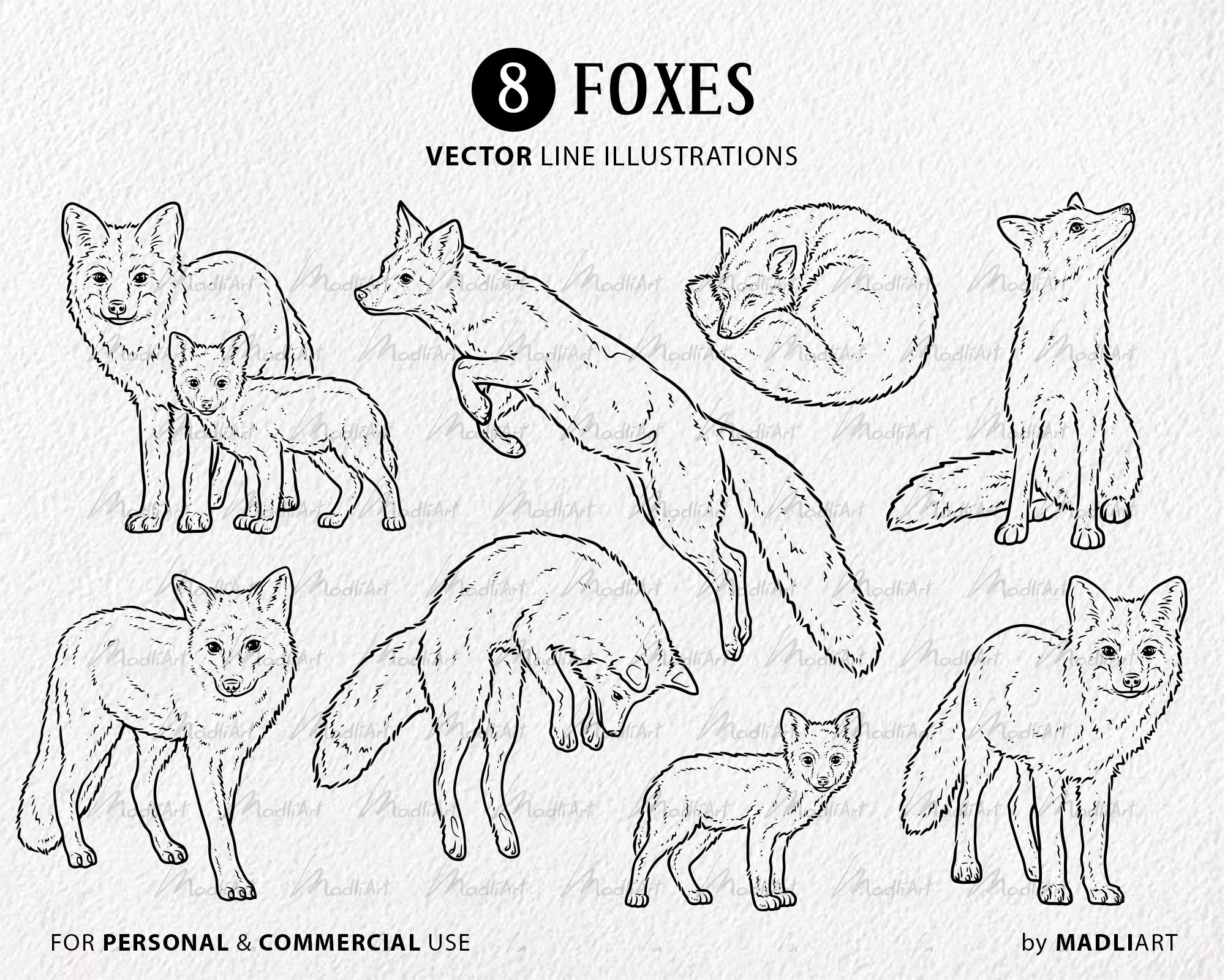 8 Fox SVG Clipart Bundle. Sleeping Fox Png. Jumping Fox Vector Line Art ...