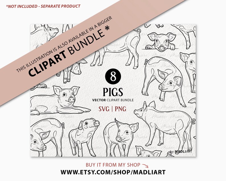 Pig SVG Clipart. Farm Animal Vector Line Art. Cute Piglet Drawing. Pig ...