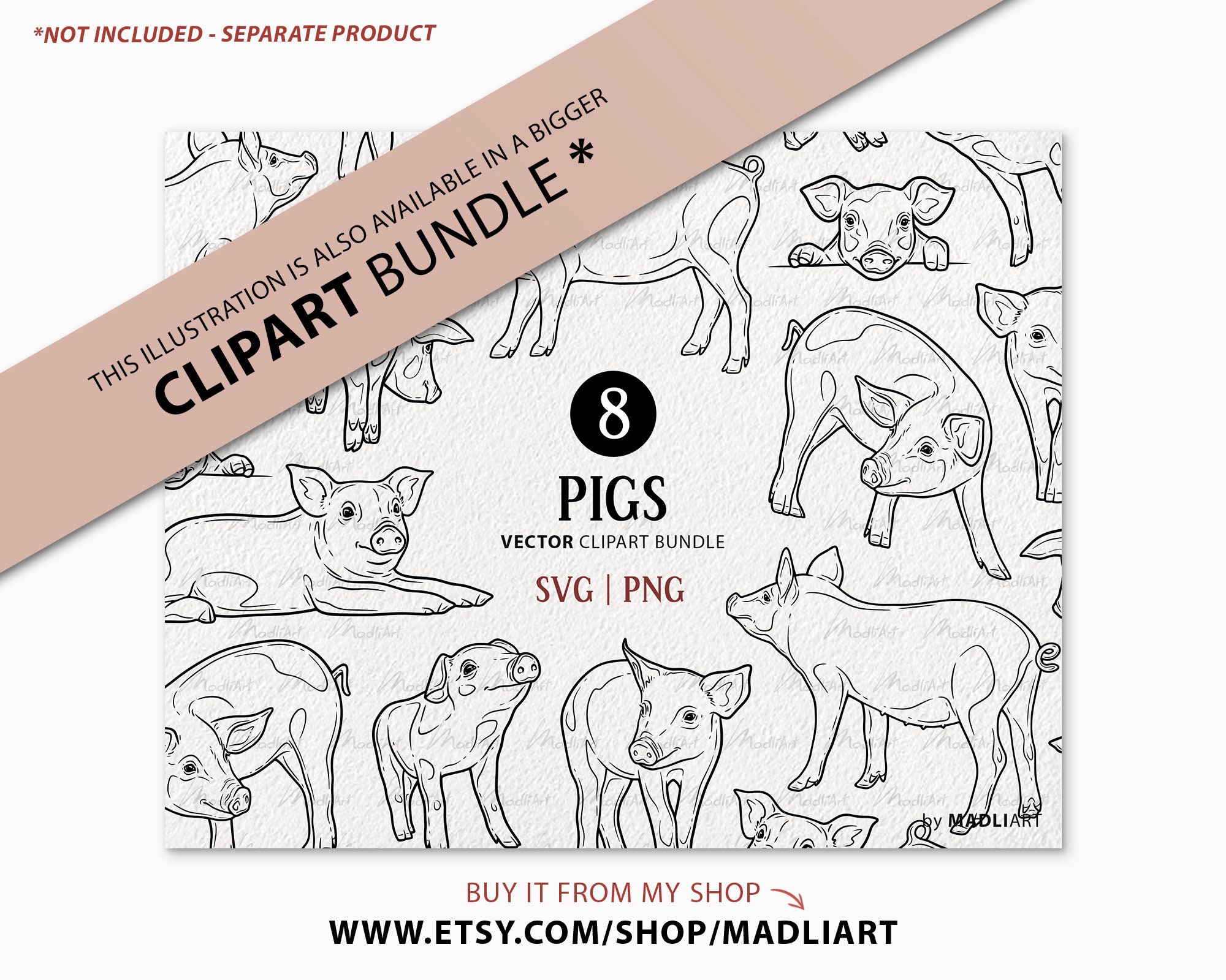 Pig SVG Clipart. Farm Animal Vector Line Art. Cute Piglet Drawing. Pig ...