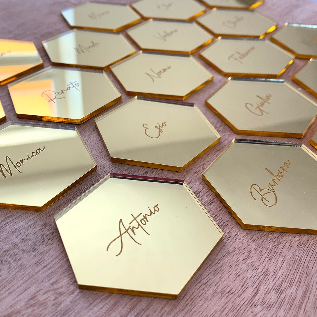 Hexagonal Mirrored Gold Plexiglass Place Cards Personalized With Name ...