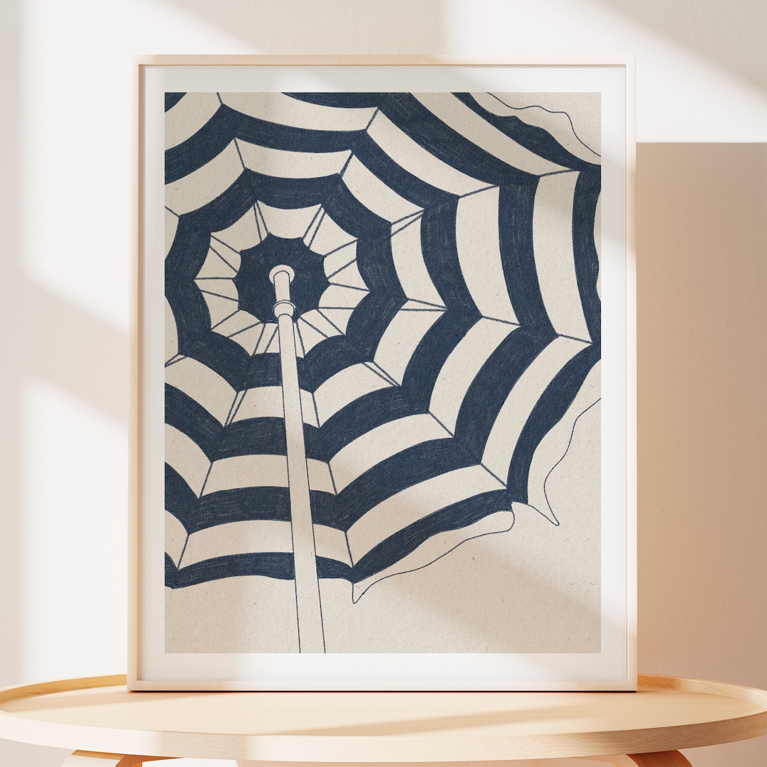 Blue Beach Umbrella Art Print | Beach Umbrella Poster | French Riviera ...