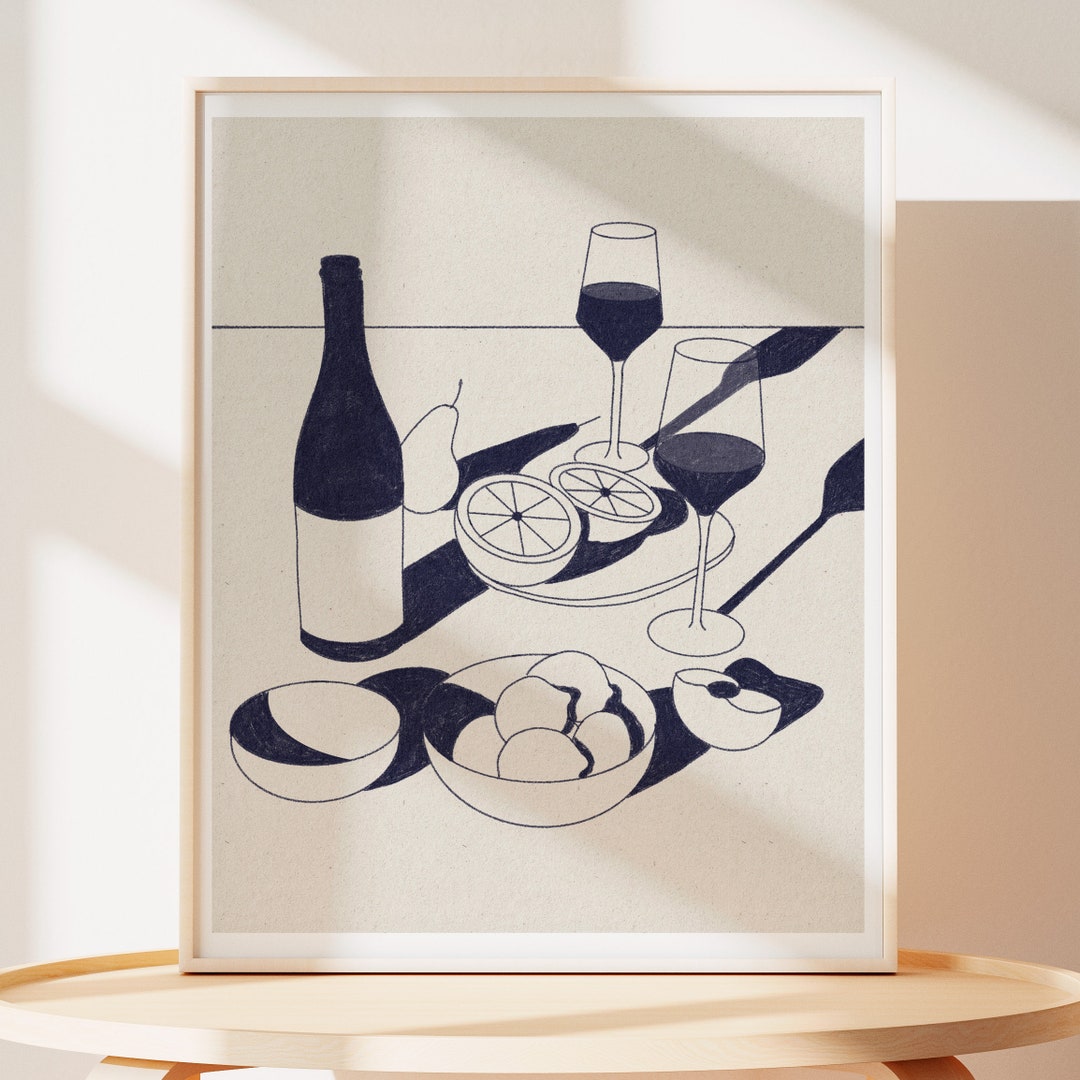 Navy Blue Wine Still Life Art Print: Minimalist Kitchen Decor - Etsy